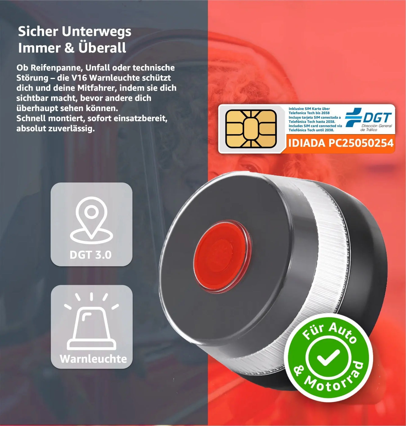 V16 DGT 3.0 Notfall-Warnleuchte mit SIM Karte – IDIADA PC21020060 ...